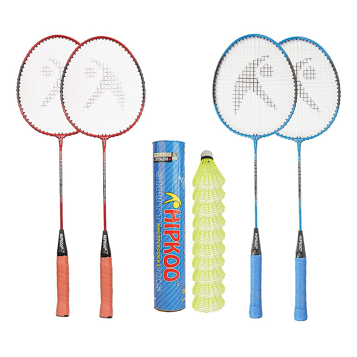 HIPKOO Sports Aluminum Badminton Complete Racquets Set | 4 Wide Body Rackets and 10 Shuttlecocks | Ideal for Beginner and Recreational | Lightweight & Sturdy (Blue & Red, Set of 4)