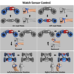 NQD Remote Control Car ,1:10 Scale Rc Stunt Car, 4wd Transform 25 Km/h Watch Gesture Sensor Car, Double Sided Rotating All Terrains Drift Vehicle with Lights Music