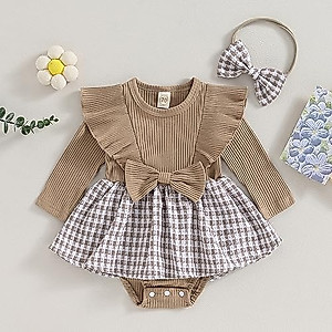 Mialoley Baby Girl Knit 2 Piece Sets Ribbed Long Sleeve Ruffles Bowknot Decor Houndstooth Print Romper Dress with Headband (Brown, 12-18 Months)
