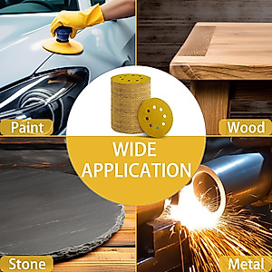 YEHBS 150PCS Gold Sanding Discs Set, 5-Inch 8-Hole Sandpaper for Random Orbital Sander, Including 60,80,120,150,240,320,400 Grit, for Automotive or Woodworking