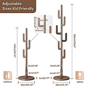 KASLANDI Coat Rack,Unique Design Cactus Coat Rack Freestanding，FAS Grade Rubber Wood,Adjustable Height Wooden Coat Rack Stand with 6 Hooks, Coat Tree Easy to Assemble (Walnut)