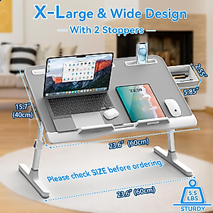 Laptop Desk for Bed, Leather X-Large Adjustable Laptop Stand for Bed, Foldable Laptop Lap Desk for Bed Couch Floor Writing Eating Working with Drawer 2 Movable Stoppers (23.6 inch, Grey)