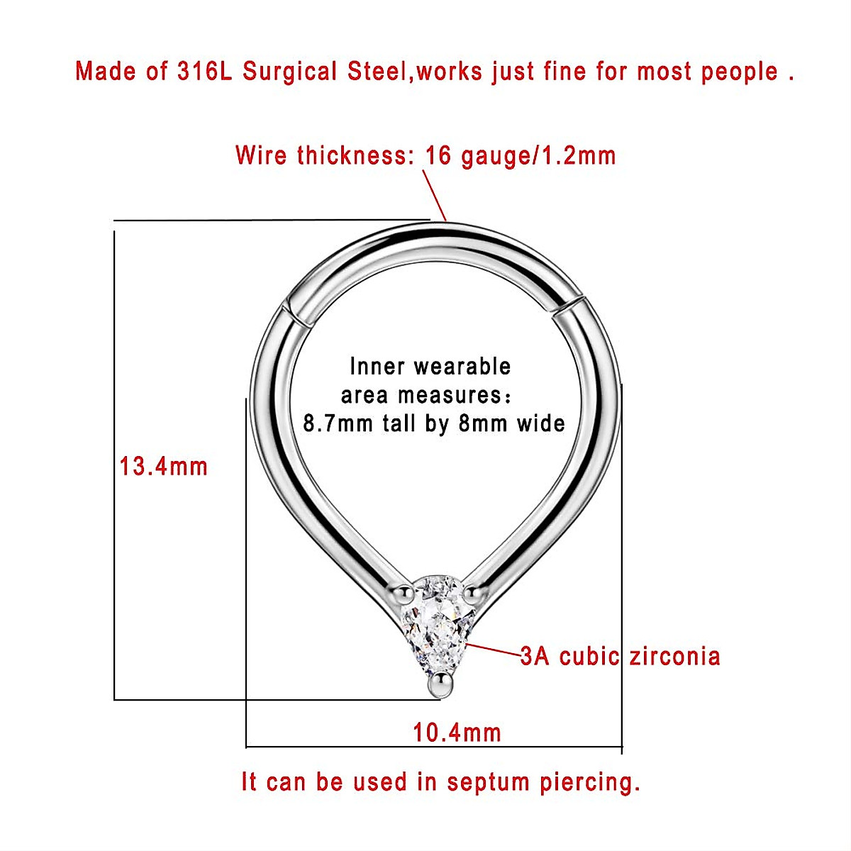 FANSING Surgical Steel Triangular Cubic Zirconia Piercing Rings 16g 8mm Teardrop Ring Hoop