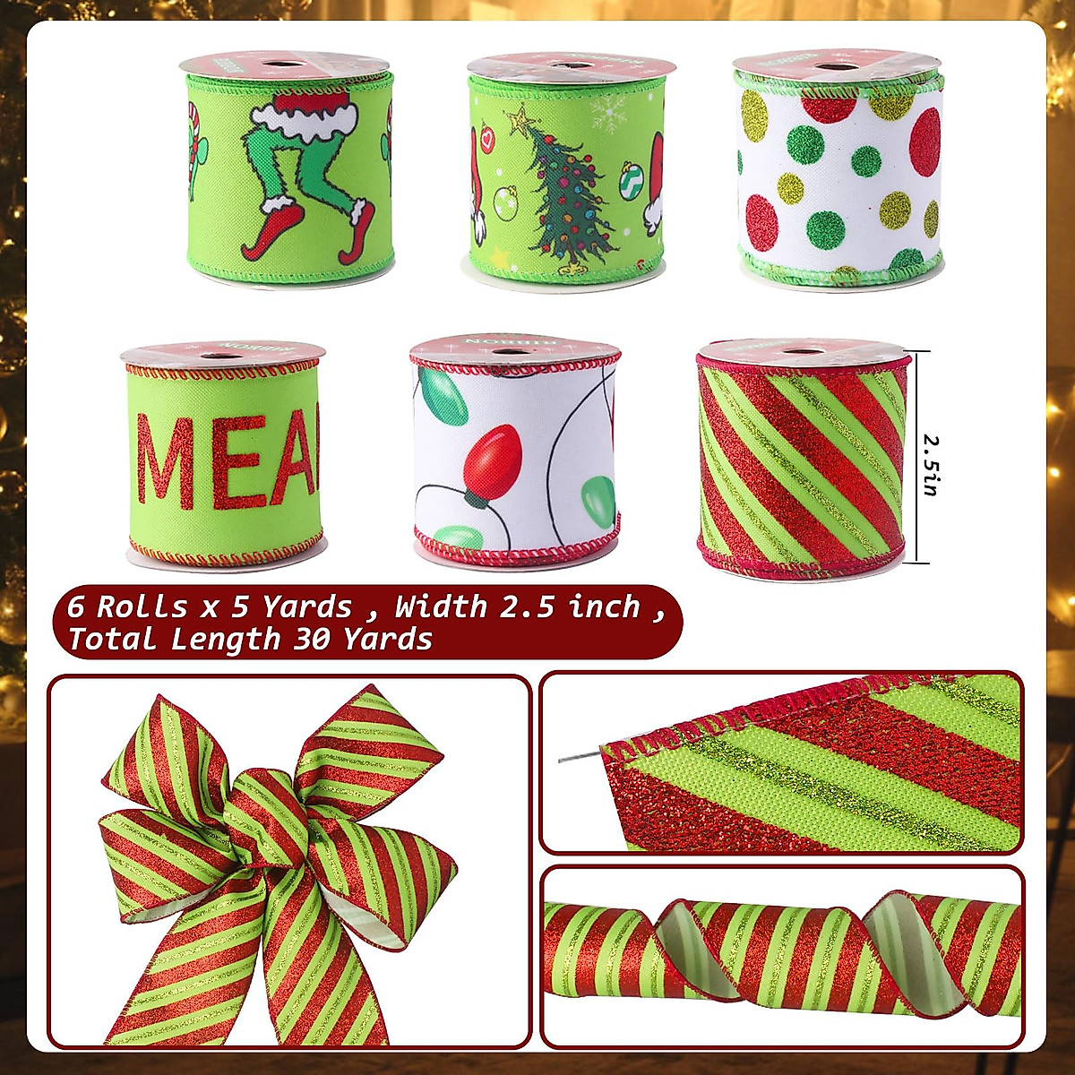 Wninbu Christmas Ribbon Wired 2.5 Inch,6 Roll 30 Yards Red and Green Christmas Ribbon for Wreaths Bows,Christmas Ribbon Wired Edge for Tree Garland DIY Xmas Crafts Christmas Decorations