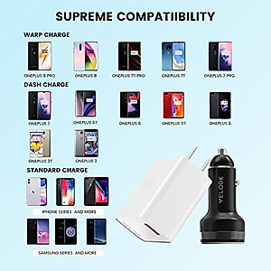 VELOGK Warp Charger Kit 30W [5V/6A] for Oneplus 8/8 Pro/7 Pro/7T/7T Pro/7/6T/6/5T/5/3T/3/Nord N10 5G, Fast Warp/Dash Car Charger Adapter+Wall Charger+2xType C Warp Charge Cables(3.3ft)