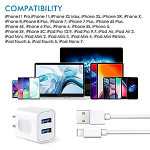 iPhone Charger, 2 Port USB Plug Wall Charger Travel Adapter with MFi Certified 2Pack 3FT Lightning Cable Compatible with iPhone 11 Pro Max/11 Pro/11/Xs Max/Xs/XR/X/8/7/6/SE and More