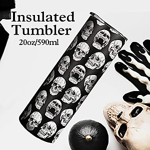 Ceovfoi Skull Skinny Tumblers,Vacuum Insulated Tumbler With Straw, 20 Oz Goth Skull Halloween CoffeeTravel Tumbler, Skull Decor Gift