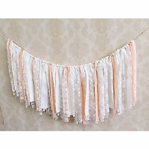 White Lace Flower and Pink White Ribbon Shabby Chic Garland Rag Tie Banner Bunting Wedding Party Garland Background
