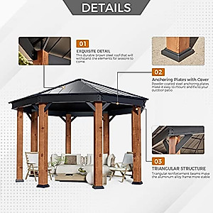 EROMMY 15' x 15' Hardtop Gazebo, Outdoor Wood Looking Aluminum Octagon Wood Grain Gazebos with Galvanized Steel Roof for Patio, Backyard, Deck and Lawns
