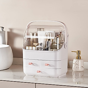 SUNFICON Makeup Organizer Holder Cosmetic Storage Box with Dust Free Cover Portable Handle,Fully Open Waterproof Lid, Dust Proof Drawers,Great for Bathroom Countertop Bedroom Dresser White