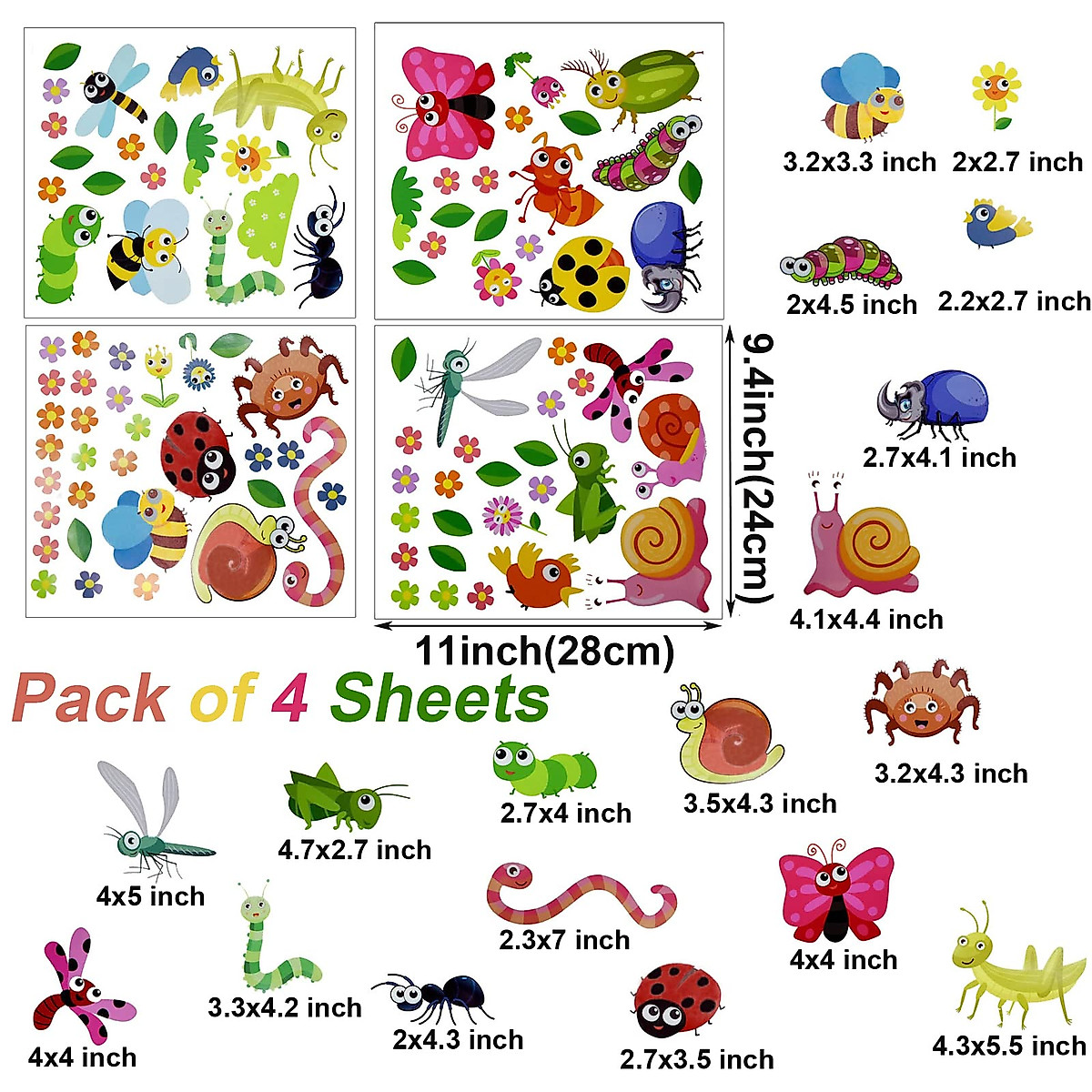 Maydahui Cartoon Insect Wall Decals Stickers (50 x 50 Inch) Butterfly Ant Flower Leaf Caterpillar Ladybug Dragonfly Mantis Snail Bird Little Bee Snake Cloud Butterfly DIY Removable Cute Animals Wall