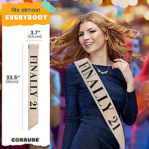 CORRURE 'Finally 21' Birthday Sash With Glitter - Gold Sash with Black Foil 21st Birthday Sash for Men and Women - Ideal Twenty One Sash Party Favors Supplies and Decorations for Your 21 Bday Party