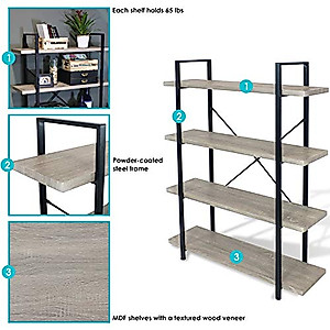 Sunnydaze 4-Tier Bookshelf - Industrial Style with Freestanding Open Shelves with Veneer Finish - Oak Gray