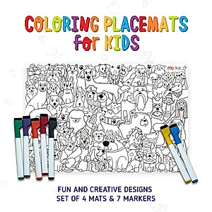 merka Plastic Placemats Set of 6 Wipeable Kids Placemat Kids Table Silicone Placemat Cats and Dogs Set of 4 Mats with 7 Dry Erase Markers for Ages 2 and Up