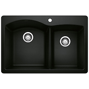 BLANCO Diamond Silgranit 60/40 Double Bowl Undermount or Drop-In Kitchen Sink, 33x22x9.5, Coal Black