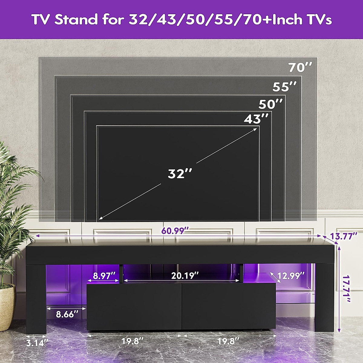 JUMMICO TV Stand, Modern Lighting TV Cabinet Entertainment Center Media and Open Shelf, TV Console Table with 1 Drawer and Remote Control, 20 Color LED Lights up to 70 Inch TV (Black)