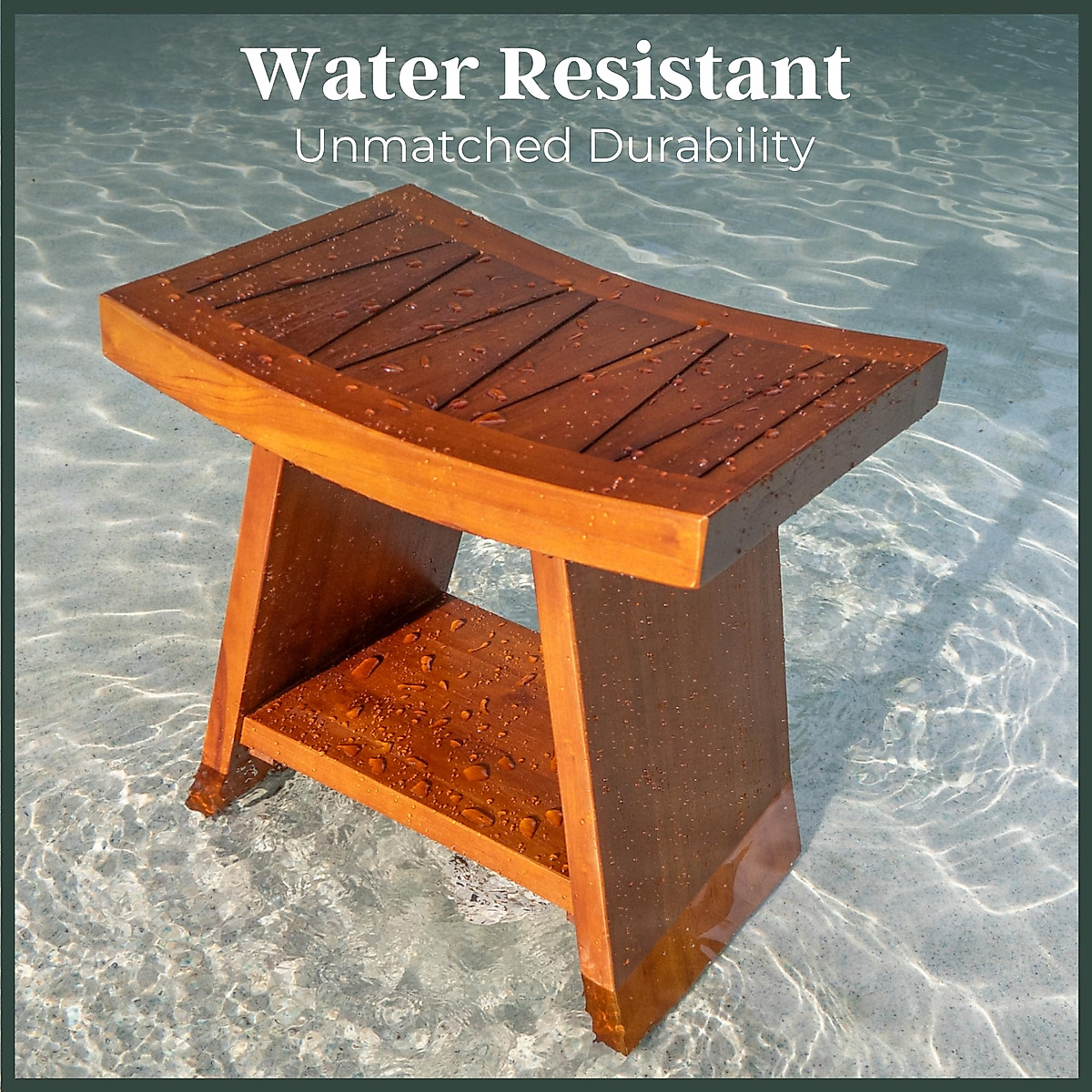 Teak Shower Bench - Fully Assembled 18 Inch Shower Stool with Shelf | Water Resistant Shower Benches for Inside Shower to Sit On | Shower Chair for Bathroom, Spa, Garden | Adjustable Non-Slip Feet