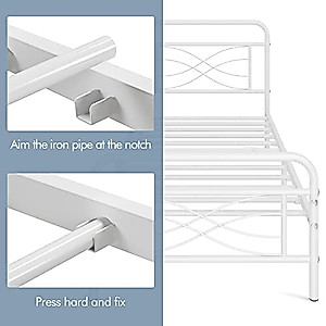 Yaheetech Twin Bed Frames Metal Platform Bed Mattress Foundation with Criss-Cross Design Headboard, Ample Underbed Storage Space, Heavy Duty Slat Support, No Box Spring Needed, Twin Size White