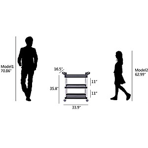 3-Tier Commercial Utility Cart with Wheels, Heavy Duty Rolling Plastic Service Cart, 390 lbs Capacity for Foodservice, Restaurant, Cleaning, Workplace (33.8'' x 16.5'' x 35.8'')