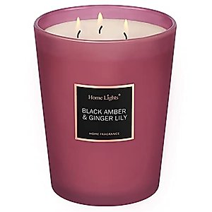 HomeLights Highly Scented Candles, Big 33.3 oz for Home, Natural Soy Aromatherapy Candles, Smokeless Long Lasting 130 hrs with 3 Cotton Wicks, Candles Gifts for Women & Men - Black Amber & Ginger Lily