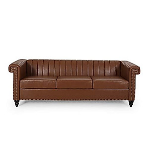 Christopher Knight Home Drury Channel Stitch 3 Seater Sofa with Nailhead Trim - Cognac Brown/Dark Brown