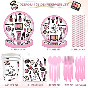 233 PCs Spa Party Supplies for Girls, Hombae Spa Makeup Salon Cosmetics Birthday Decorations Backdrop Balloon Garland Banner Tablecloth Cake Cupcake Topper Plate Napkin Cup Straw Knife Fork Spoon