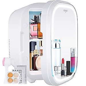 Cegsin Mini Fridge, 5 Liter/8 Cans Small Skincare Fridge with LED Mirror Door, AC/DC Portable Mini Refrigerator for Cosmetic & Makeup, Plug In Cooler and Warmer for Bedroom, Dorm, Office, Car(White)