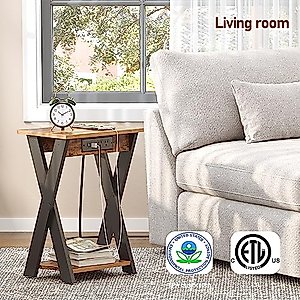 TUTOTAK End Table with Charging Station, X Shaped Side Table with USB Ports and Outlets, Nightstand, 2-Tier Storage Shelf, Sofa Table for Small Space, Brown TB01BB048