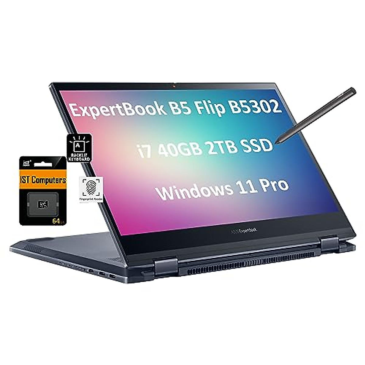 ASUS ExpertBook B5 Flip 2-in-1 Business Laptop (13.3" FHD OLED Touchscreen, Intel Core i7-1165G7, 40GB RAM, 2TB SSD, Active Pen), Backlit, FP, 14-Hr Long Battery Life, 3-Yr WRT, Win 11 Pro, Black
