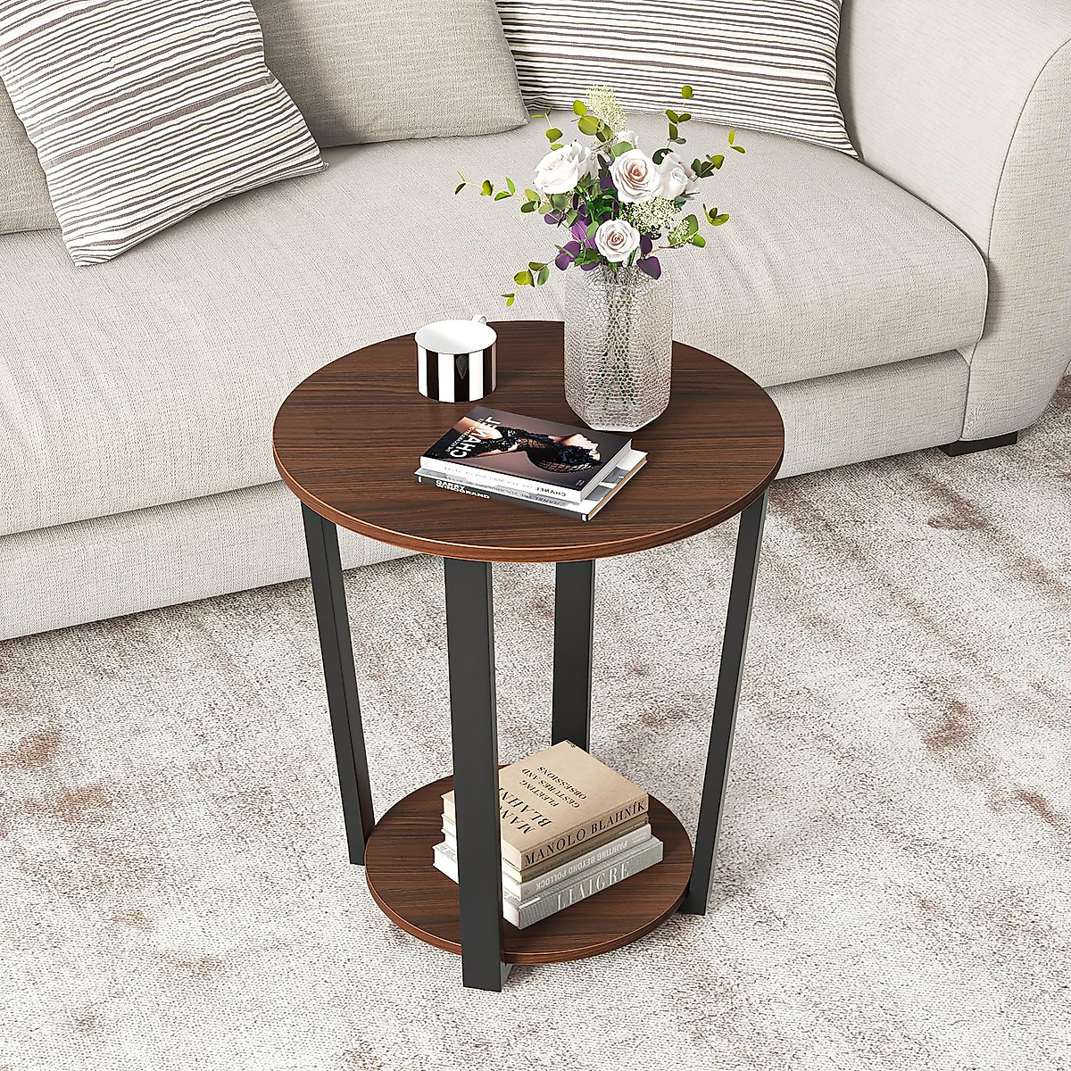 Giantex Round End Table Set of 2, 2-Tier Side Sofa Table with Open Storage Shelf and Metal Frame, Industrial Nightstand Bedside Table for Living Room, Bedroom, Small Space, Accent Furniture, Walnut
