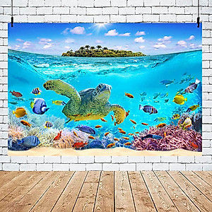 MEHOFOND 7x5ft Soft Fabric Summer Ocean Photography Backdrop Under The Sea Turtle Photo Background Ocean Coral Sky Clouds Seaside Islands Birthdy Baby Shower Party Decor Portrait Photo Props