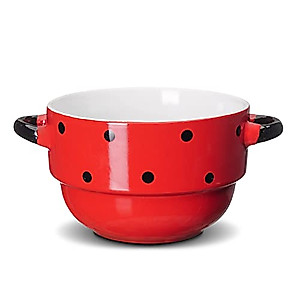 ECODECO Soup Bowls with Handles - Ceramic - Polka Dot Red - 16 Ounce - Set of 4 - French Onion Soup Crocks for Oven Baking