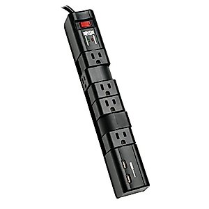 Tripp Lite 6 Rotatable Outlet Surge Protector Power Strip, 8ft Cord, Two USB, Black, $50,000 INSURANCE (TLP608RUSBB)