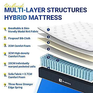 Avenco Queen Size Mattress, Queen Mattress in a Box, 10 Inch Hybrid Mattress Queen, Individually Pocketed Coils and Comfort Foam, Strong Edge Support, Medium Firm, CertiPUR-US, 100 Nights Trial