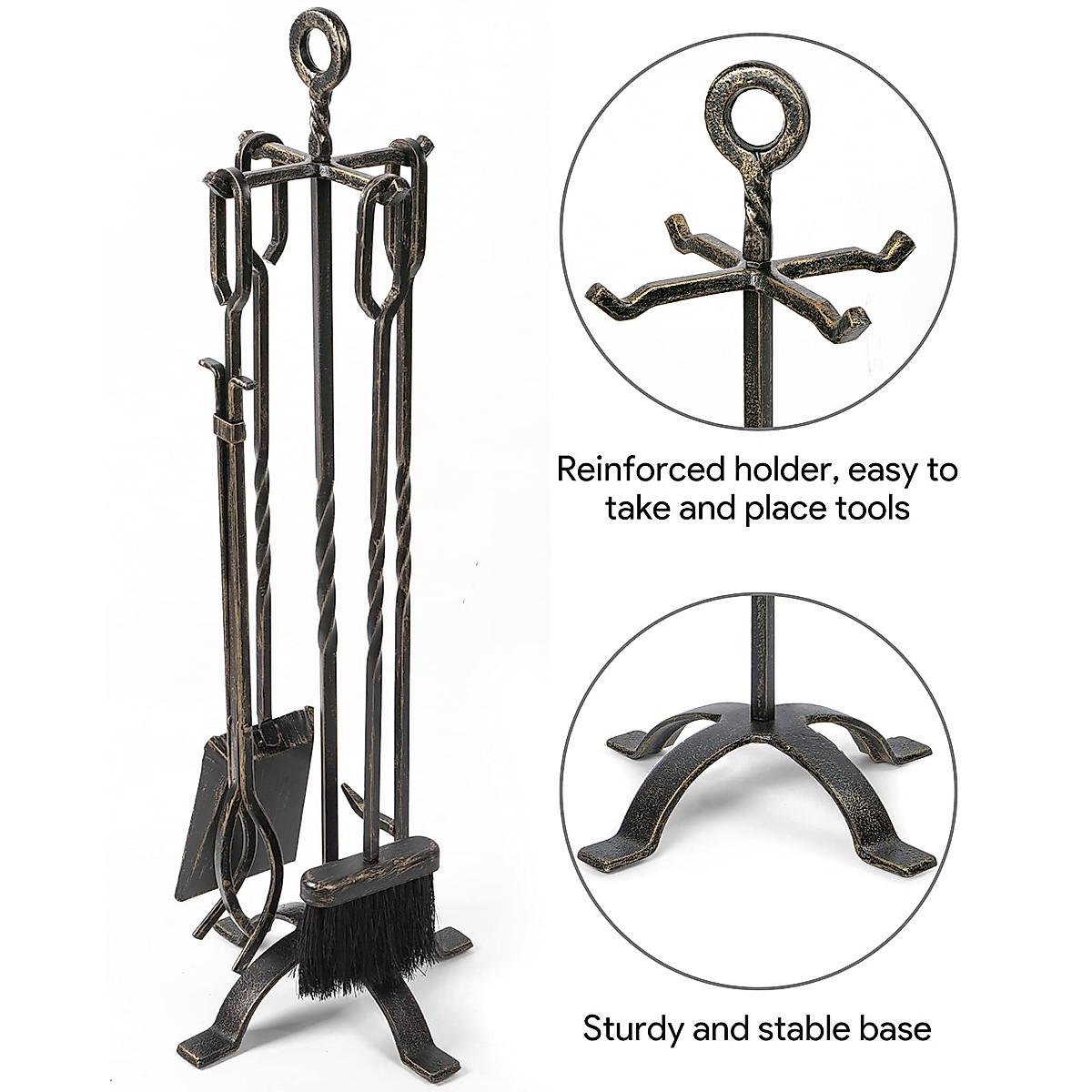 AMAGABELI GARDEN & HOME 5 Pieces Fireplace Tools Sets Wrought Iron Fireplace Set Antique Brass Copper with Poker Tongs Broom Shovel Stand Indoor Fire Place Kit Wood Stove Hearth Accessories Gold