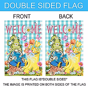 Spring Garden Flag, Spring Flags 12x18 Double Sided, Burlap Hello Spring Yard Flag with Gnomes Boots Blossoms Butterfly Welcome Seasonal Vertical Summer Signs for Outdoor Outside Lawn Decorations