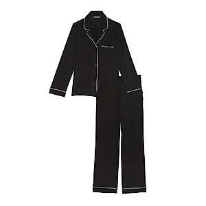 Victoria's Secret Modal Pajama Set, Long Sleeve Shirt and Pants, Pajamas for Women, Black W Angel Pink Piping, S