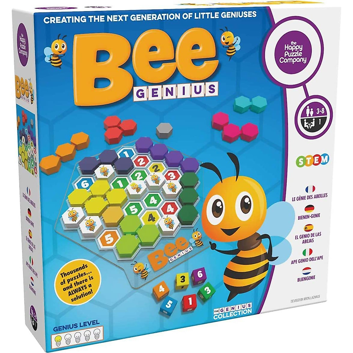Bee Genius - Award Winner Puzzle Family Board Game for Ages 3+ Kids. 46,656 Possible Solutions to Help The Queen Bee & Worker Bees Build Their Honeycomb by Filling in Colored Shapes!