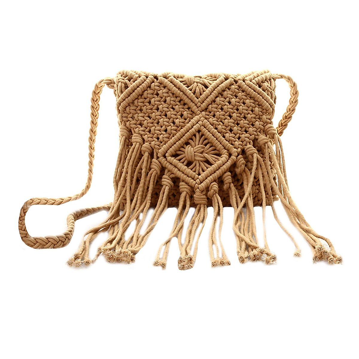 Monique Women Retro Fringed Cotton Crochet Cross-body Bag Small Messenger Bag Bohemian Summer Beach Tassel Shoulder Bag Purse Brown