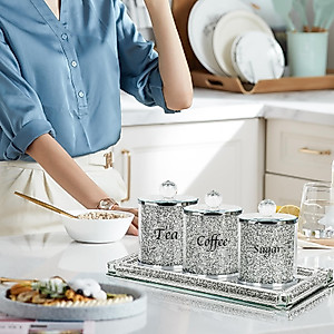 LYTDMSKY 4 Pcs Coffee Sugar Container Set, Tea Canister and Crushed Diamond Tray, Decorative Kitchen Canisters with Lid, Bling Glass Snacks Sugar Containers Kitchen Coffee Jar Storage Containers