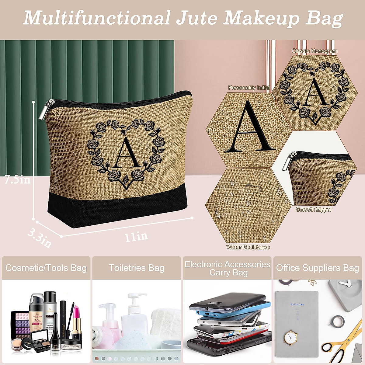 YOOLIFE Unique Mom Birthday Gifts for Women, Mother of the Bride Gifts Initial Jute Tote Bag for Women Beach Bag Tote Makeup Bag with Zipper Personalized Gifts Friend Birthday Gifts for Women Letter E