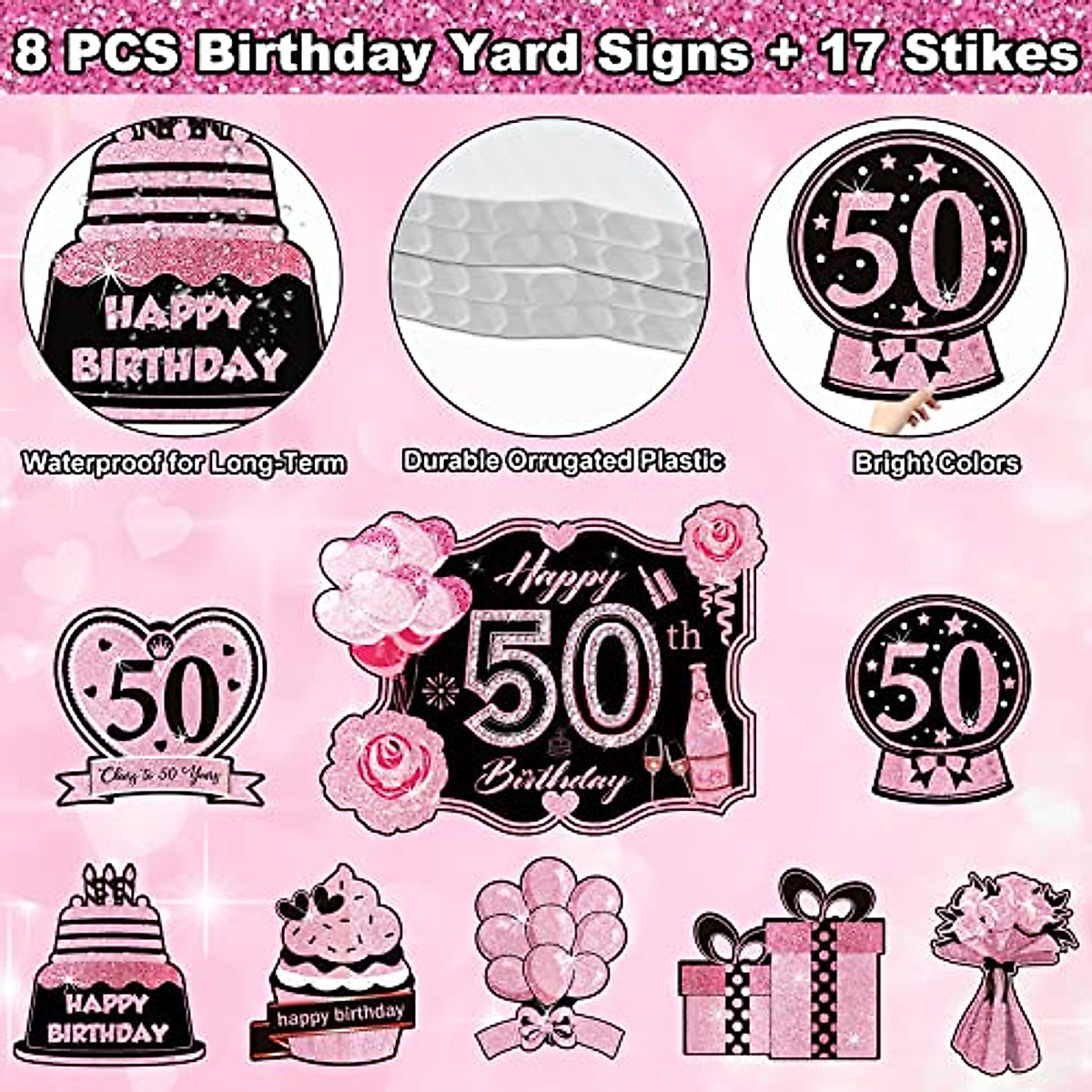 50th Birthday Yard Sign Decorations Supplies for Women, Black Pink Happy 50 Birthday Lawn Sign with Stakes 50 Year Old Birthday Yard Decor Fifty Birthday Outdoor Lawn Decorations for Women