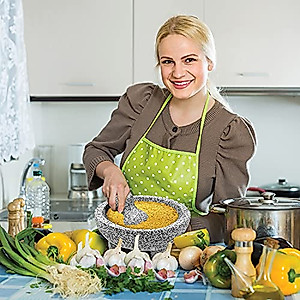 Granite Mortar and Pestle Set Guacamole Bowl Molcajete 8 Inch - Natural Stone Grinder for Spices, Seasonings, Pastes, Pestos and Guacamole - Extra Bonus Avocado Tool Included