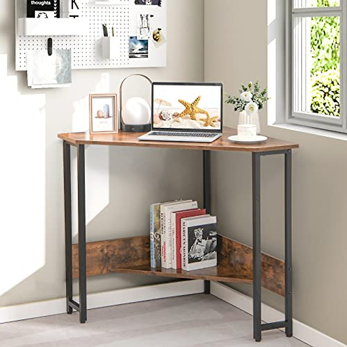 Tangkula Corner Desk with Power Outlet & USB Ports, Triangle Computer Desk with Charging Station, Storage Shelf, Space Saving Writing Desk, Vanity Table, Corner Desk for Small Space (Rustic Brown)