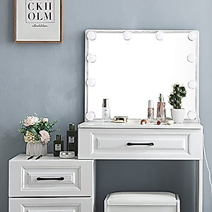 Kkonetoy Makeup Vanity Desk with Lighted Mirror, Dressing Table Set with Stool and Drawers, White, 47" H x 31.5" W x 14.2" W
