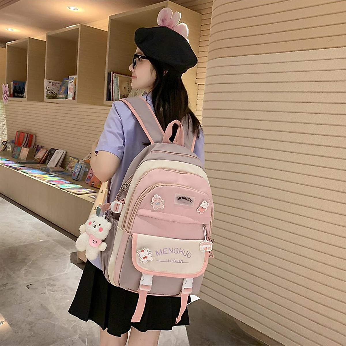 Tenbip Kawaii Backpack Cute Backpack Aesthetic Backpack Preppy Backpack Kawaii School Supplies with Bear Accessories (Pink)…