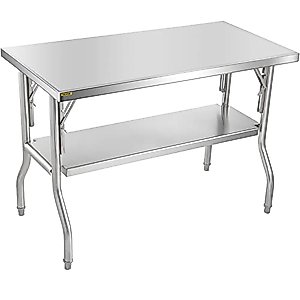 VEVOR Commercial Worktable Workstation 48 x 24 Inch Folding Commercial Prep Table, Heavy-duty Stainless Steel Folding Table with 772 lbs Load, Kitchen Work Table, Silver Stainless Steel Kitchen Island