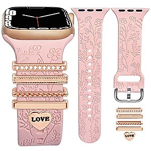 OULRAEFS Apple Watch Band with Charms (iWatch Bands Included) Compatible with Apple Watch Bands 38mm 40mm 41mm Series 8 7 SE 6 5 4 3 2 1 Floral Engraved Silicone Bands with Decorative Ring Loops Accessories, Pink
