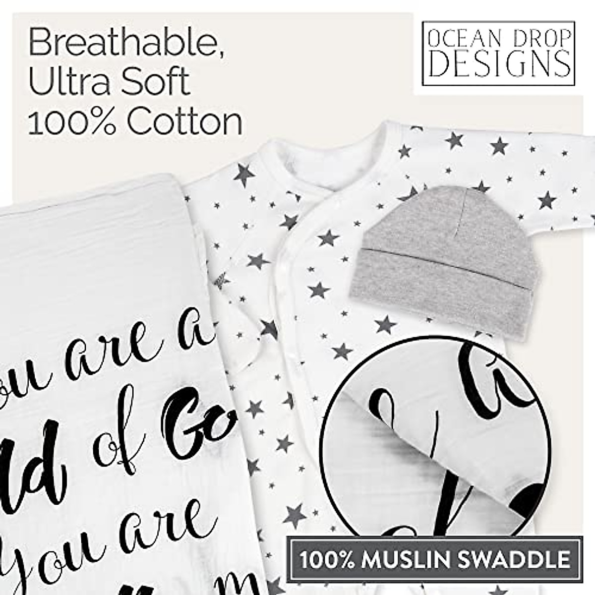 Ocean Drop Designs 3 Pcs Baby Onesie - 100% Cotton Newborn Baby Clothes for Boys & Girls - Unisex Gender Neutral Essentials Gifts (Gray Stars)