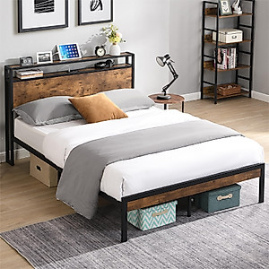 QKFF Full Size Bed Frame, Metal Bed Frame with Wooden Storage Headboard Outlet & USB Port, Solid and Stable, Noise Free, No Box Spring Needed (Full)